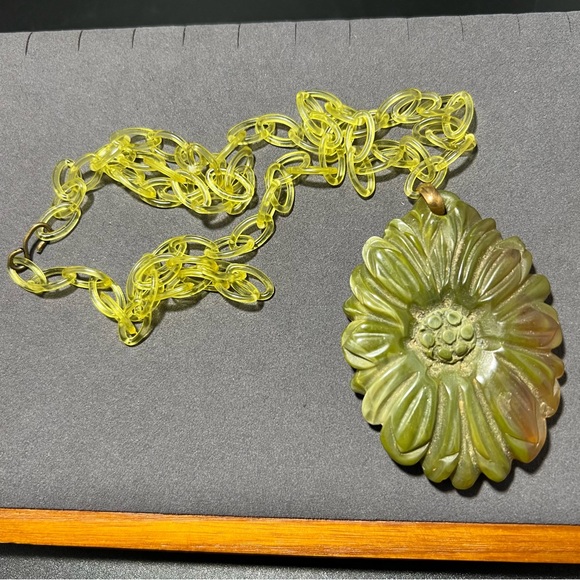 Jewelry | Vintage Celluloid Carved Flower Necklace Green Swirl ...